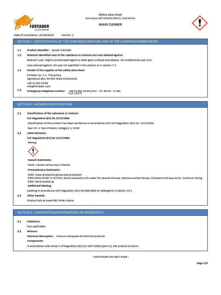 Glass Cleaner SDS en 20190826 | PDF | Toxicity | Firefighting