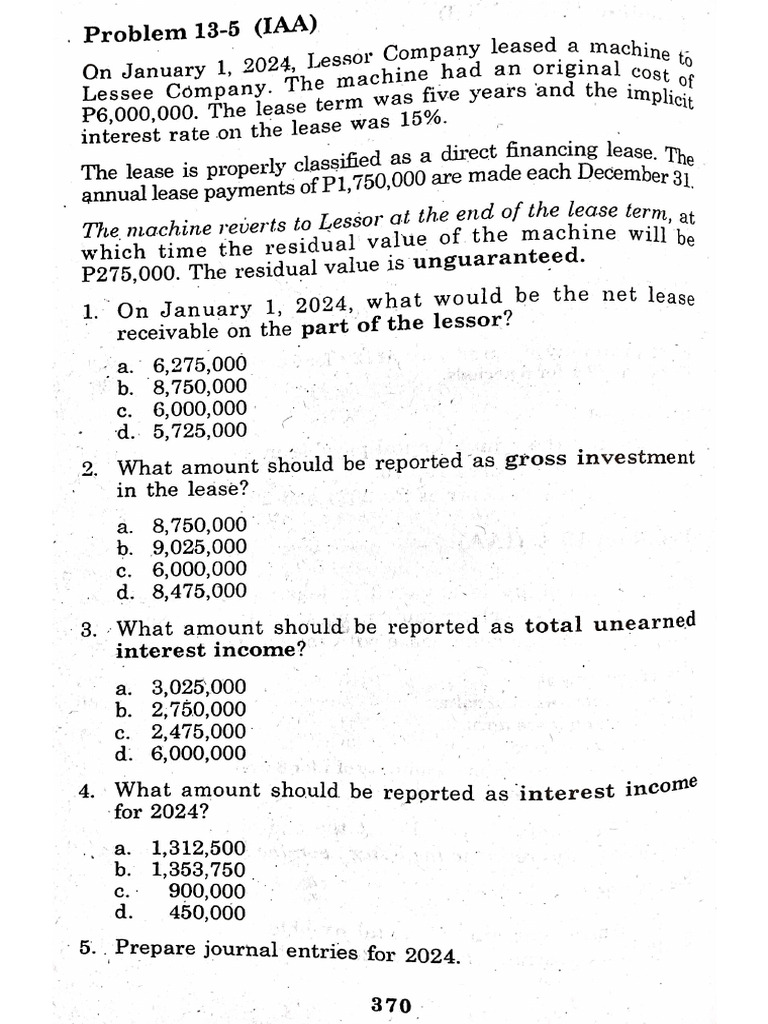 Direct Financing Lease Lessor Problems Valix | PDF