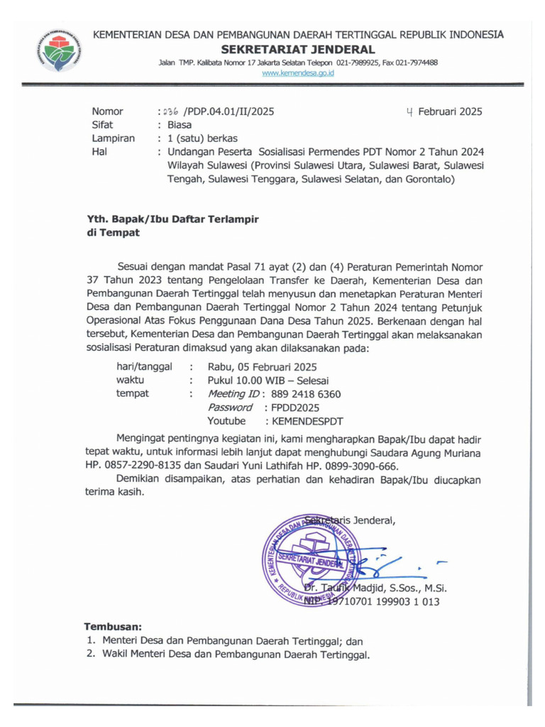 Undangan Peserta Sosialisasi Permendes PDT No 2 Tahun 2024 (Sulawesi) | PDF