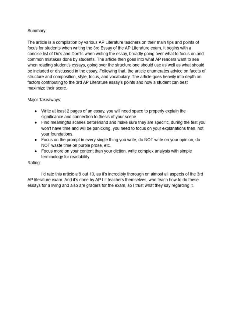 AP Lit Essay 3 Tips & Strategies | PDF