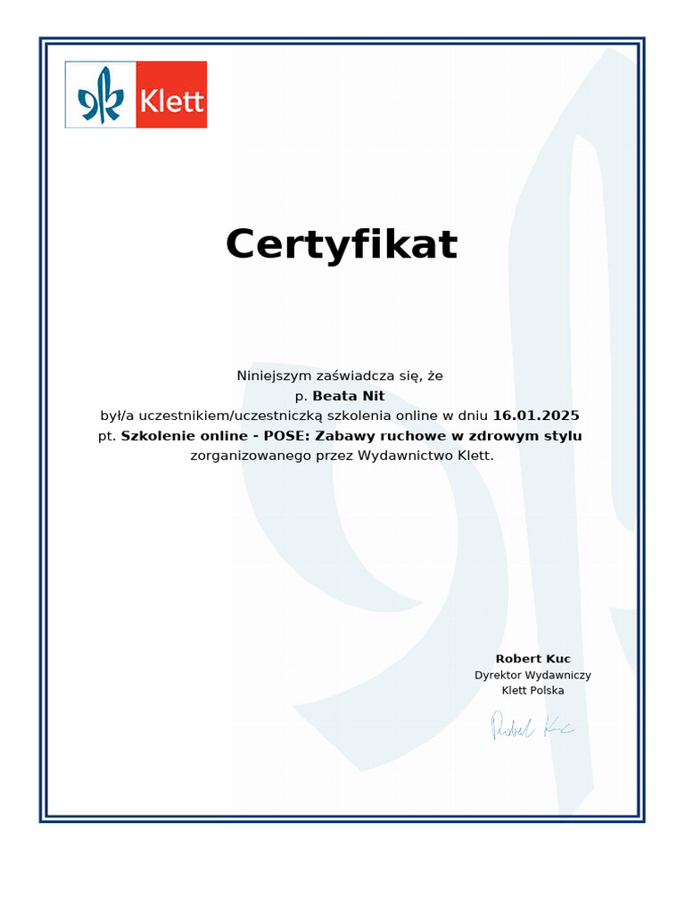 Certyfikat Szkolenie Online Pose Zabawy Ruchowe W Zdrowym Stylu | PDF