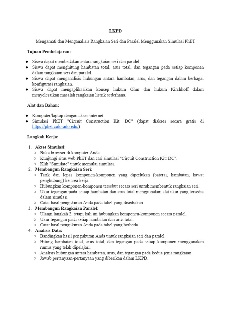 LKPD Mengamati Dan Menganalisis Rangkaian Seri Dan Paralel Menggunakan Simulasi PhET | PDF
