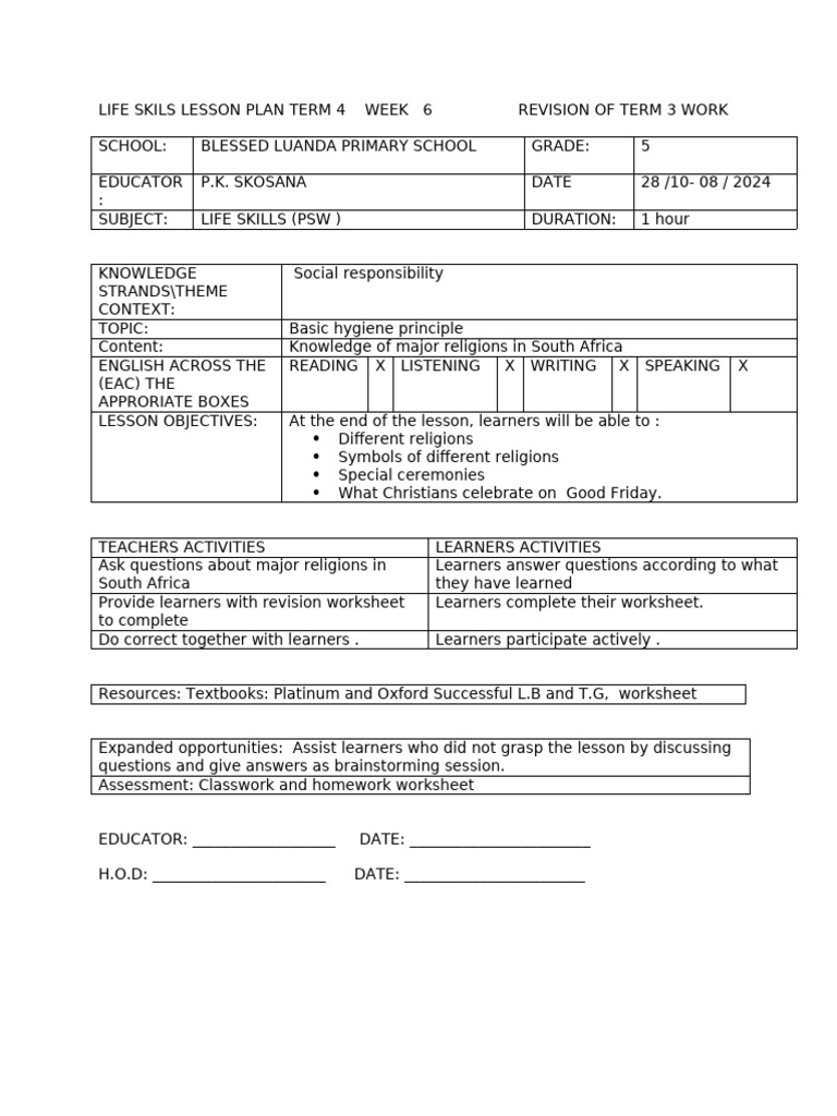 TERM 4 Qms Lesson Plan Subtance Abuse WEEK 5 GRADE 4 | PDF