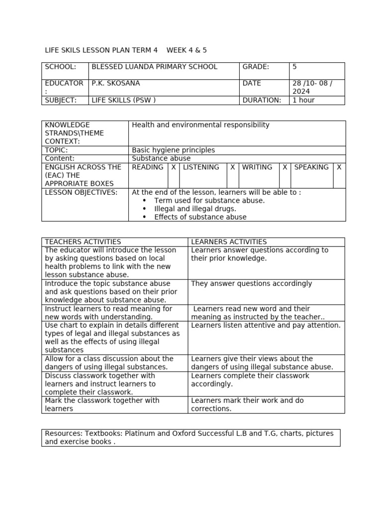 TERM 4 Qms Lesson Plan Subtance Abuse | PDF | Lesson Plan | Learning