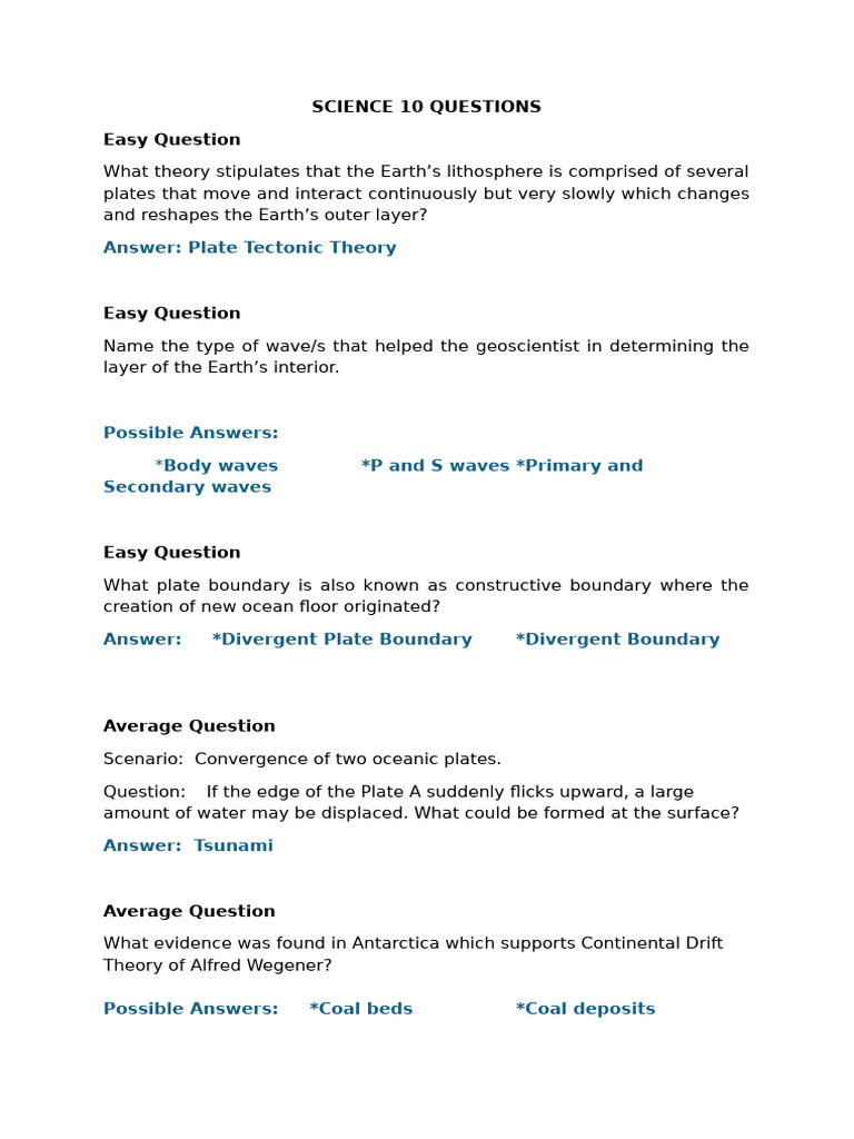 SCIENCE 10 QUESTIONS_Quizbowl | PDF | Plate Tectonics | Earth