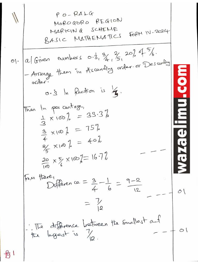 Basic Maths Sample 1 Marking Scheme | PDF