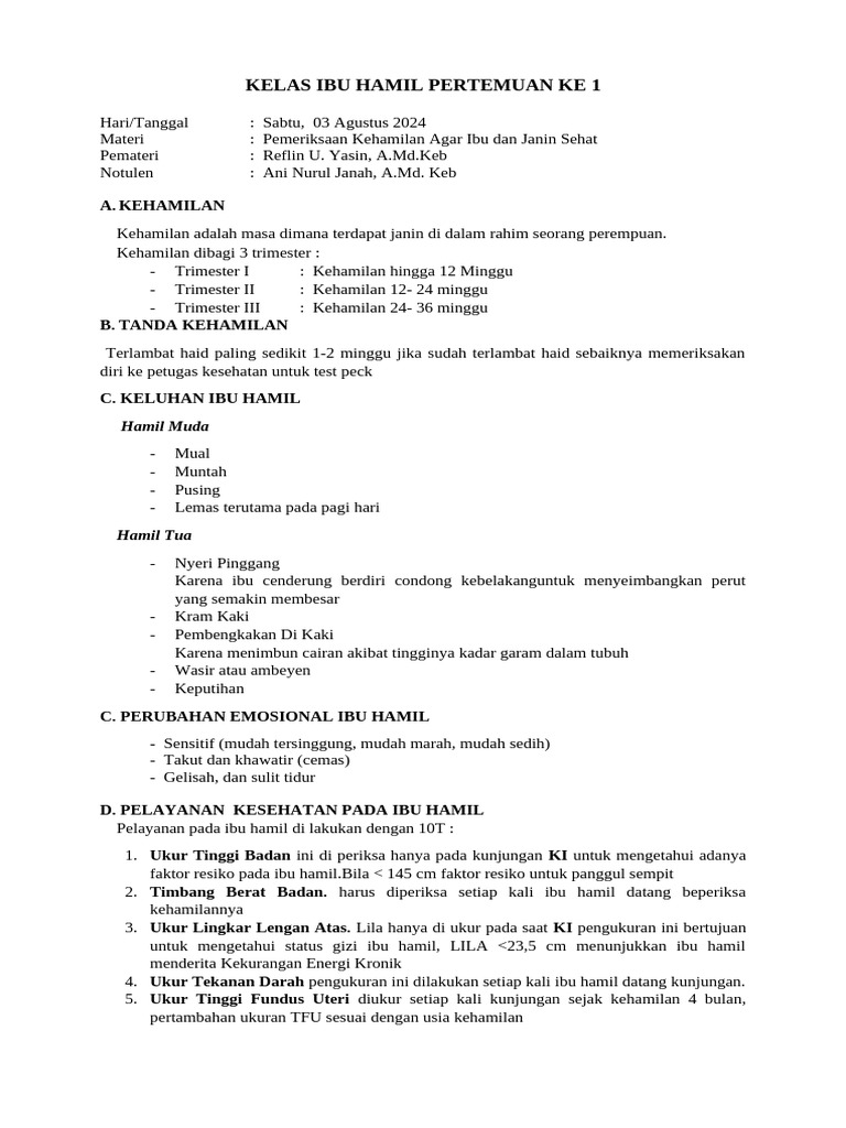 Notulen Kelas Bumil 1 | PDF