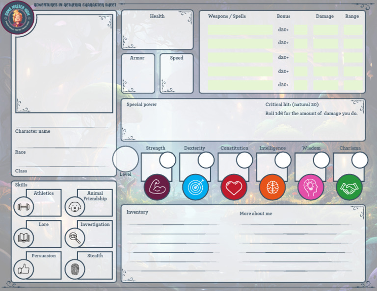 Aetheria Kids Character Sheet GMM Color | PDF