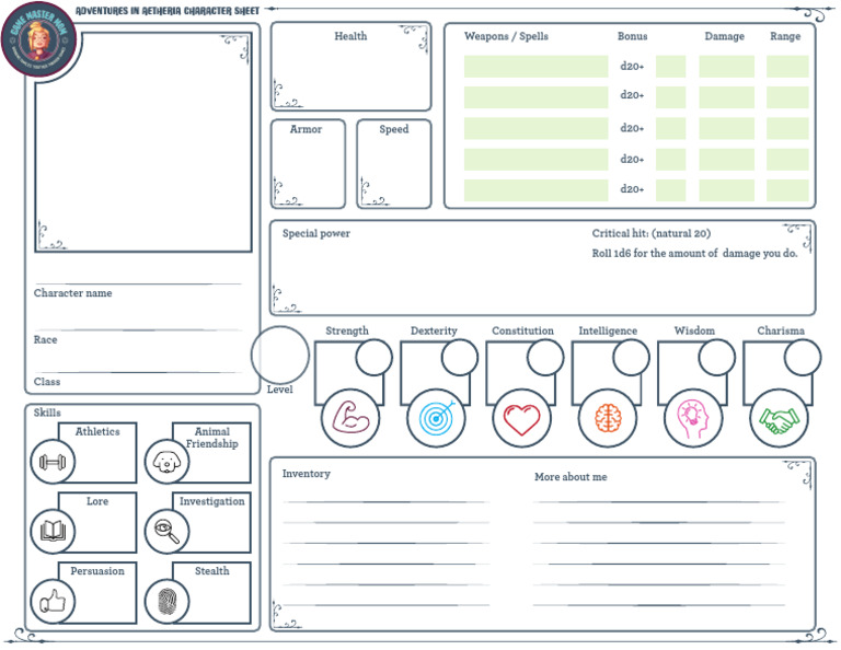 Aetheria Kids Character Sheet GMM Printable | PDF