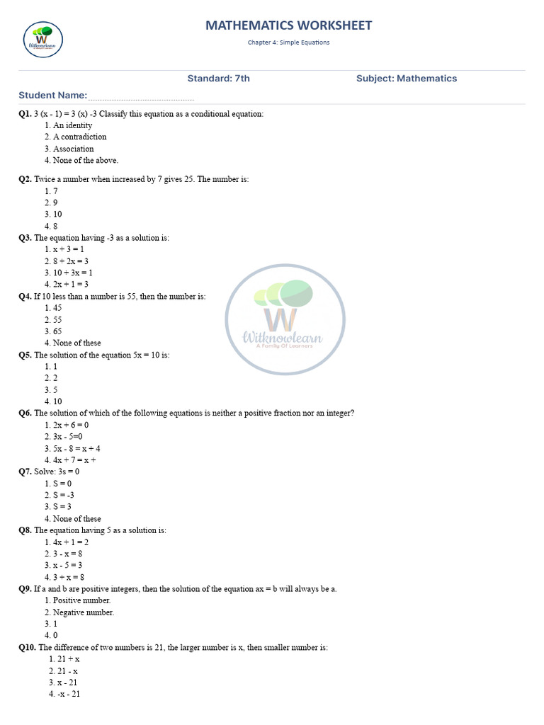 7th Grade Simple Equations Quiz | PDF | Equations | Numbers