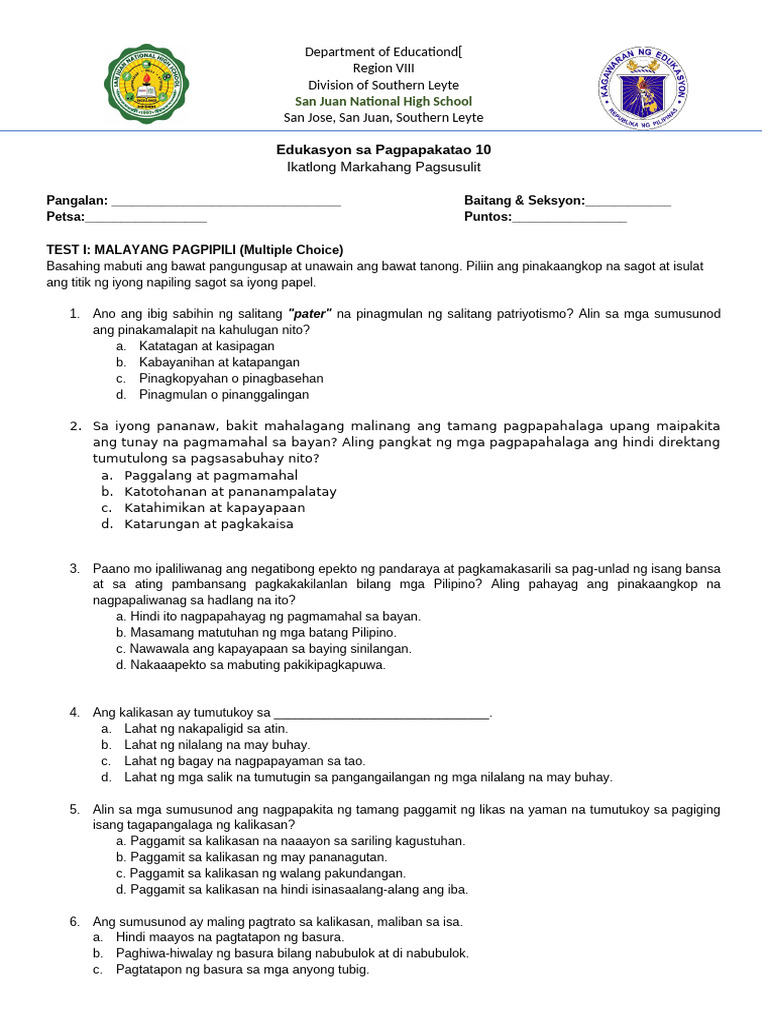 Esp Examination Paper 3rd Quater | PDF