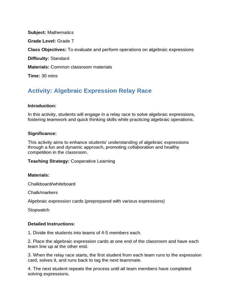 Algebra Relay: Engaging Expressions | PDF | Mathematics | Learning