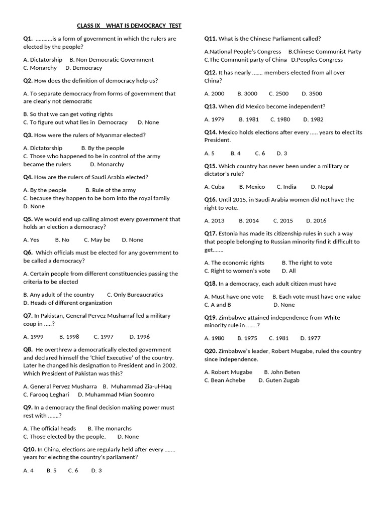 Class Ix What Is Democracy Test | PDF | Democracy | Political Ideologies