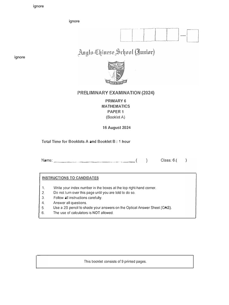 Primary 6 Math Preliminary Exam 2024 | PDF
