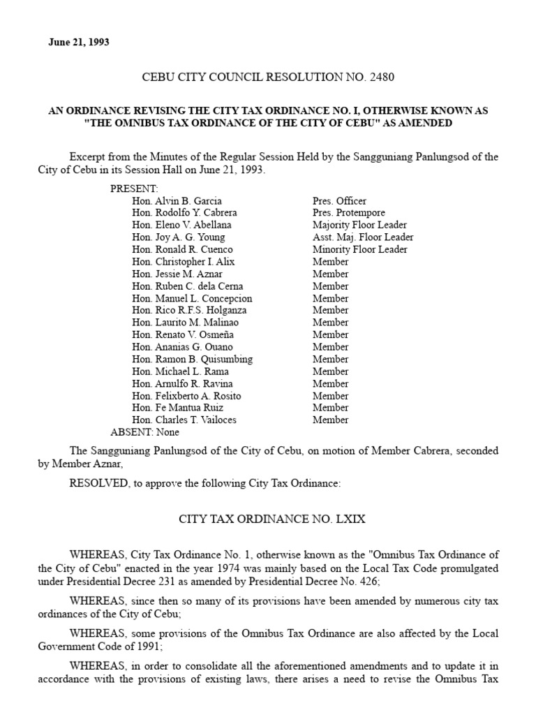 Cebu City Council Resolution No. 2480 - Revised Omnibus Tax Ordinance ...