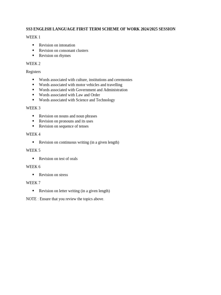 SS3 English First Term Scheme 2024/25 | PDF