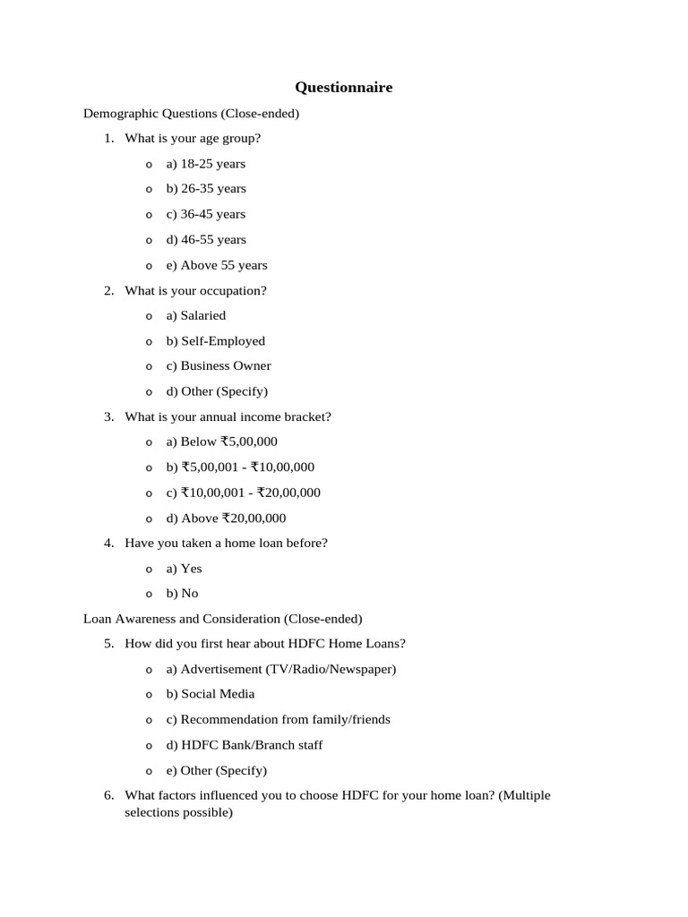 Questionnaire Rajkumar | PDF | Loans | Mortgages
