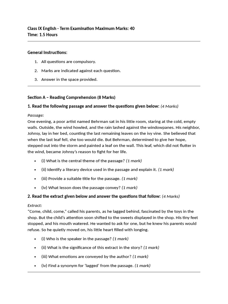 Class 9 English Term Exam Paper | PDF