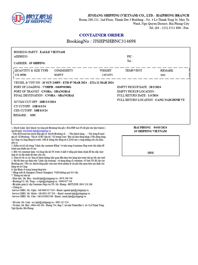 JJSHPSHBNC314698 - Eagle Vietnam - 3 - Cnsha - JJ Sun - 2408N - 07 Mar ...