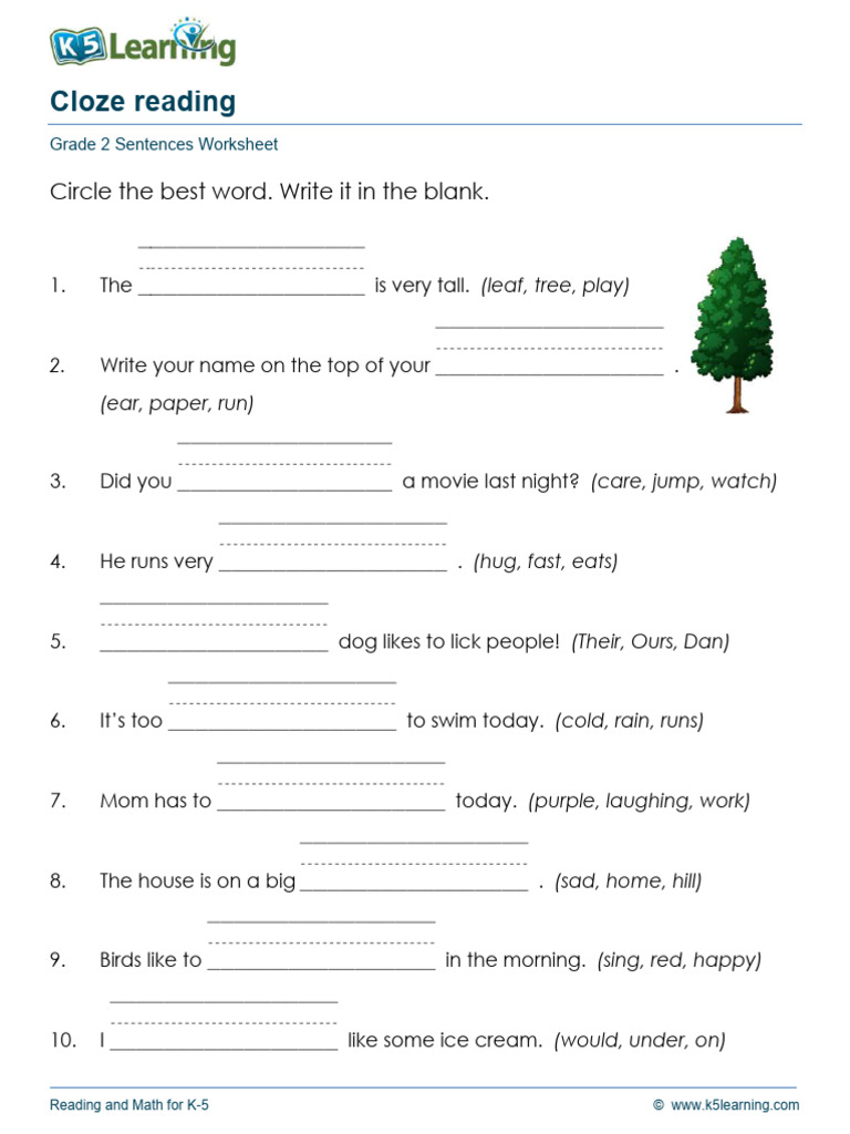 Grade 2 Cloze Reading Sentences NKQ | PDF