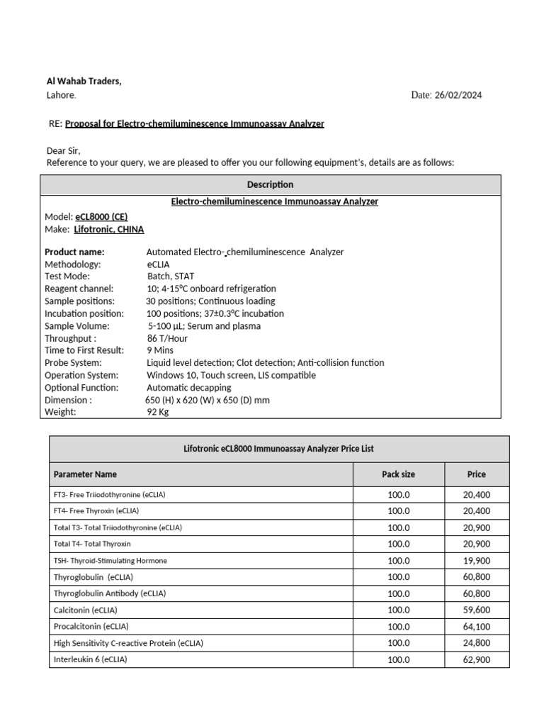 Al Wahab Traders ECL8000 Proposal 26-02-2024 | PDF | Thyroid ...