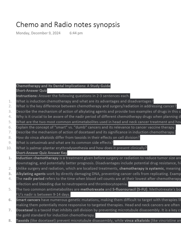 Chemo and Radio Notes Synopsis | PDF | Radiation Therapy | Chemotherapy