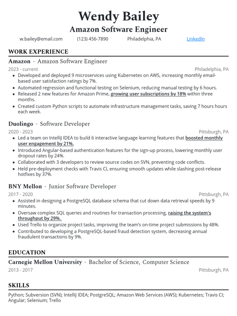Amazon Software Engineer Resume Example | PDF