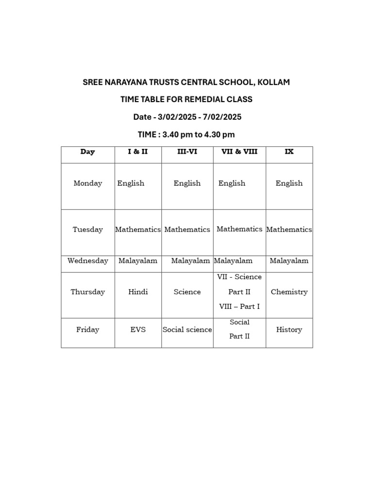 Remedial Time Table. | PDF