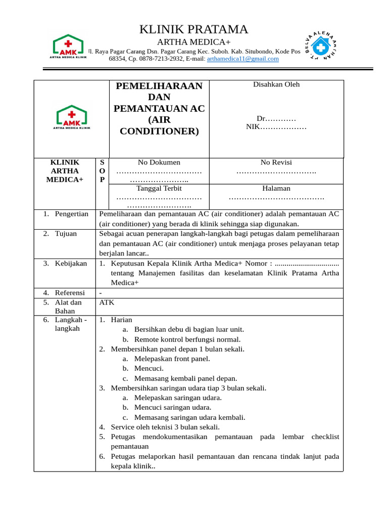 Pemeliharaan AC Klinik Artha Medica+ | PDF