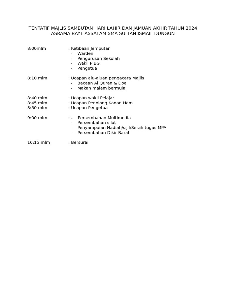 Tentatif Majlis Sambutan Hari Lahir Dan Jamuan Akhir Tahun 2024 | PDF