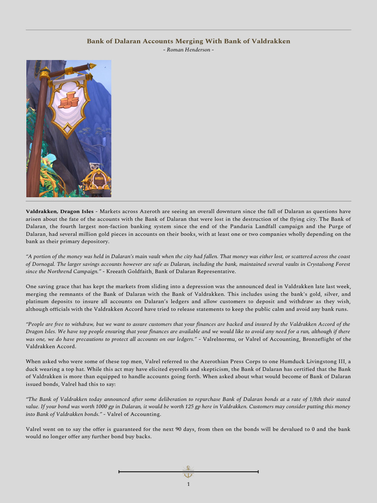 Dalaran Accounts Merge with Valdrakken Bank | PDF | Banks | Economies