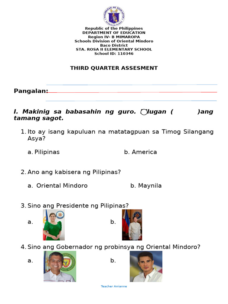 Third Quarter Assessment Kinder | PDF