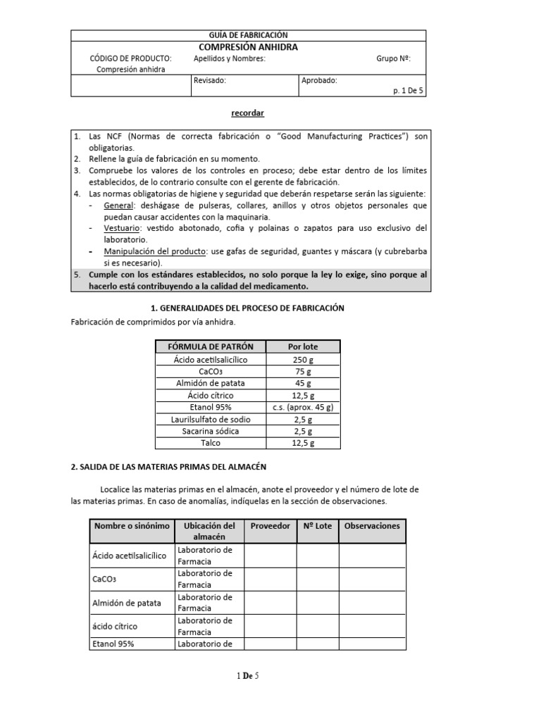 Guía de Fabricación de Compresión Anhidra | PDF | Laboratorios