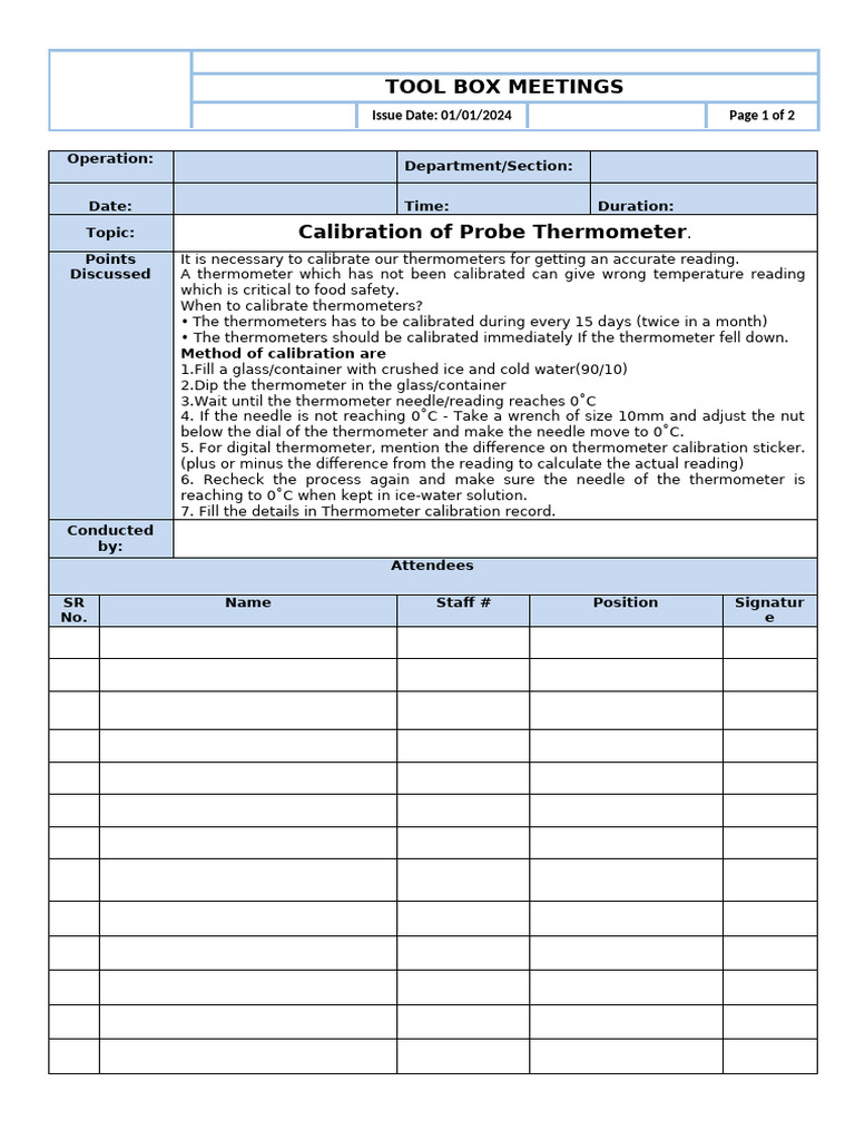 Kitchen - Calibration of Probe Thermometer | PDF