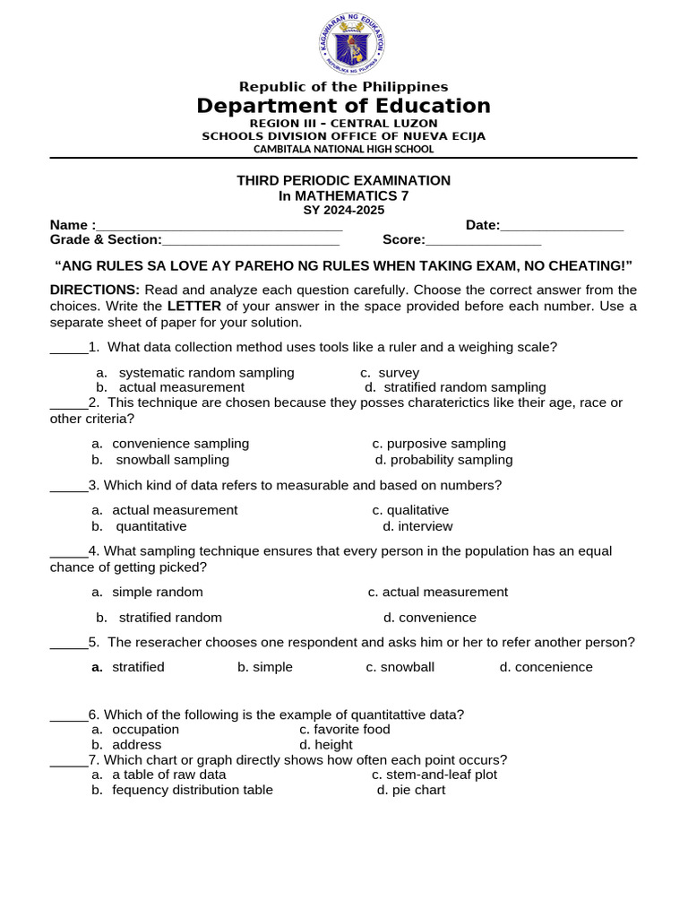 G7-3RD Periodic Test-Mathematics | PDF | Sampling (Statistics) | Survey ...