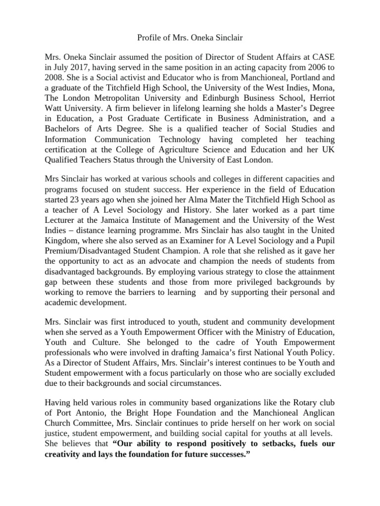 Profile of Oneka Sinclair - No Pic | PDF