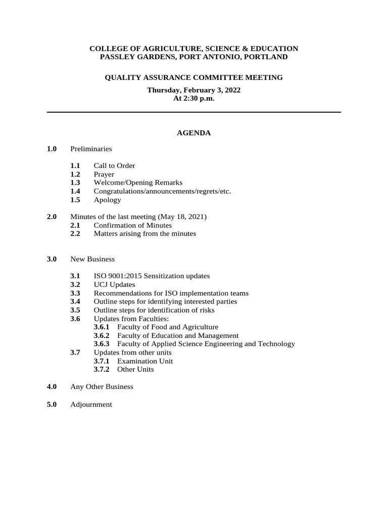 Quality Assurance Committee Meeting Agenda - Februray 3, 2022 | PDF