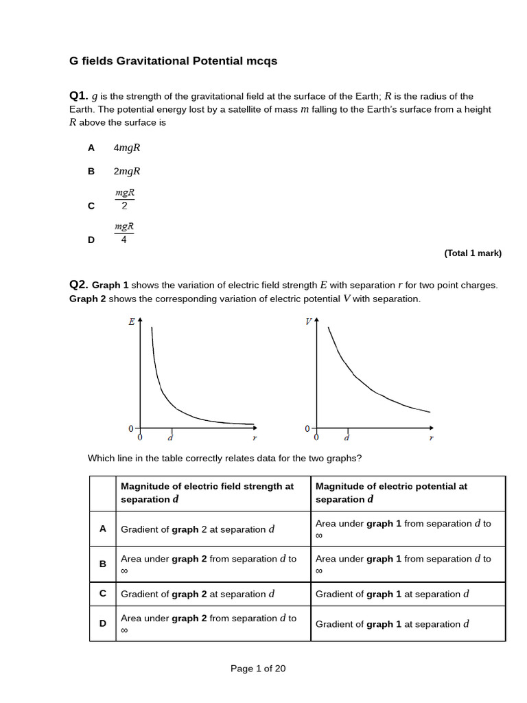 G Fields Gravitational Potential Mcqs | PDF | Potential Energy | Weight