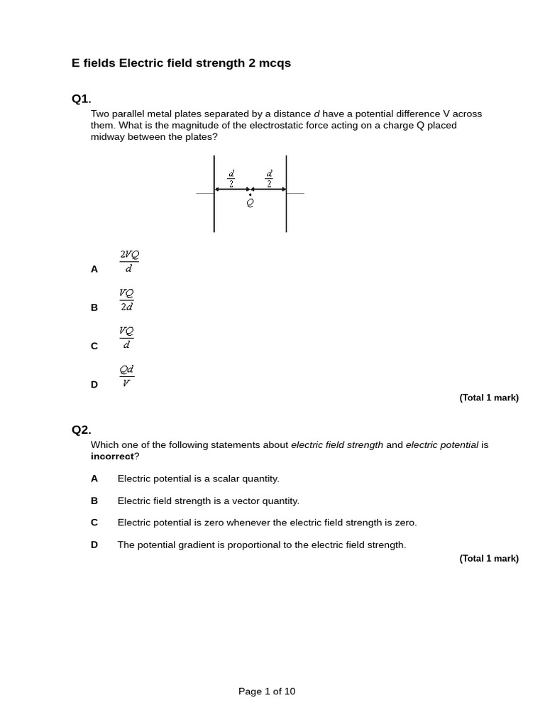 E Fields Electric Field Strength 2 Mcqs | PDF | Electric Field | Metrology