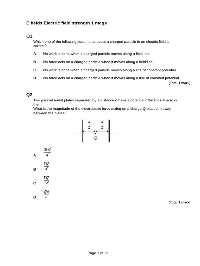E Fields Electric Field Strength 1 Mcqs | PDF | Electric Field | Force