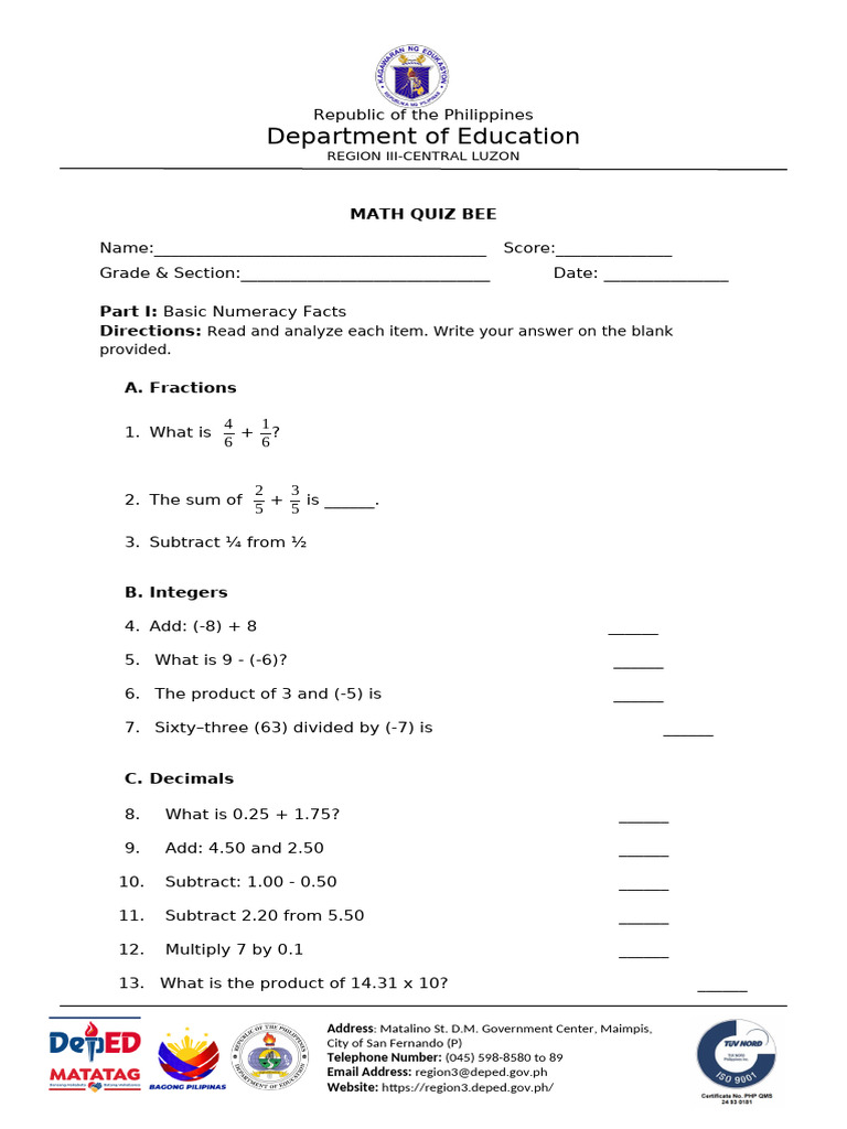 Math Quiz Bee Docx | PDF | Mathematics | Arithmetic