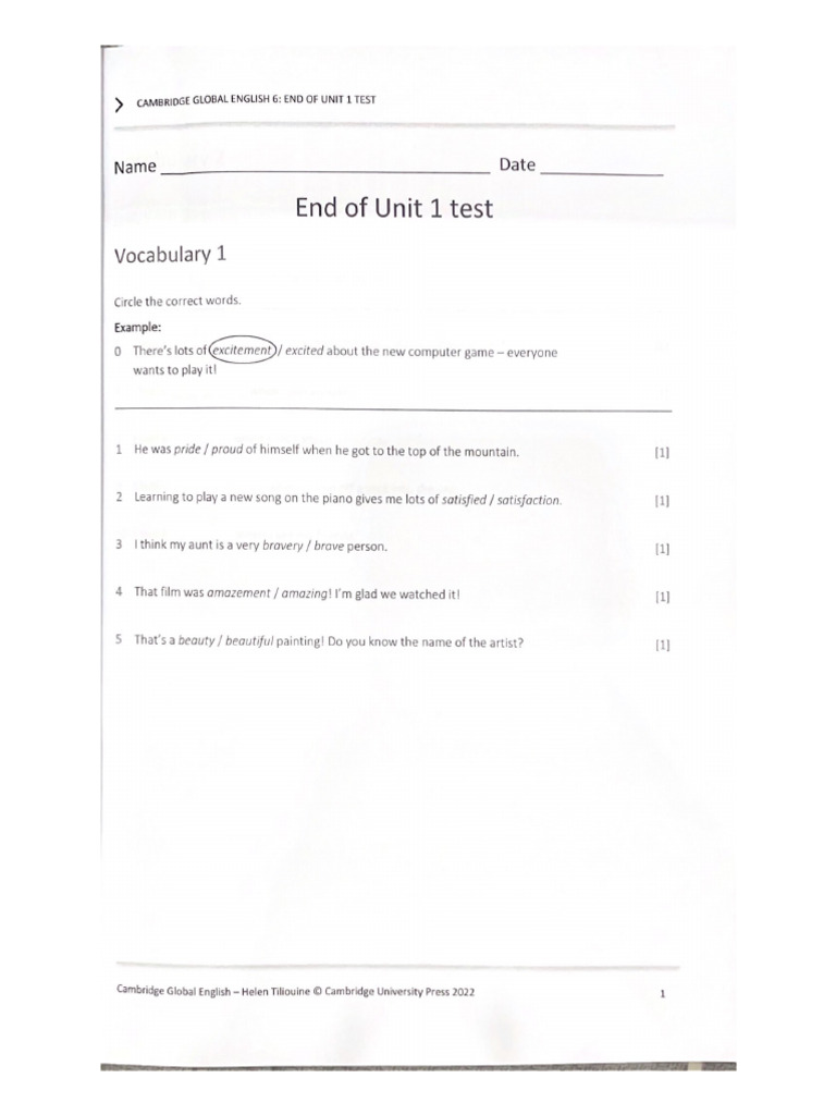 Cambridge Global English 6 End of Unit 1 Test | PDF