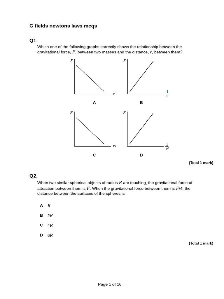 G fields newtons laws mcqs | PDF | Force | Mass