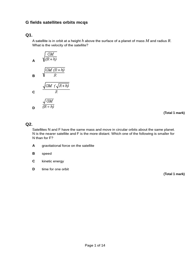 G Fields Satellites Orbits Mcqs | PDF | Orbit | Mass