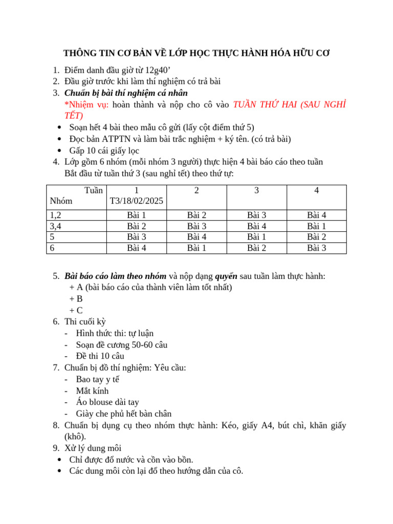 Thông Tin Cơ Bản Về Lớp Học Thực Hành Hóa Hữu Cơ | PDF
