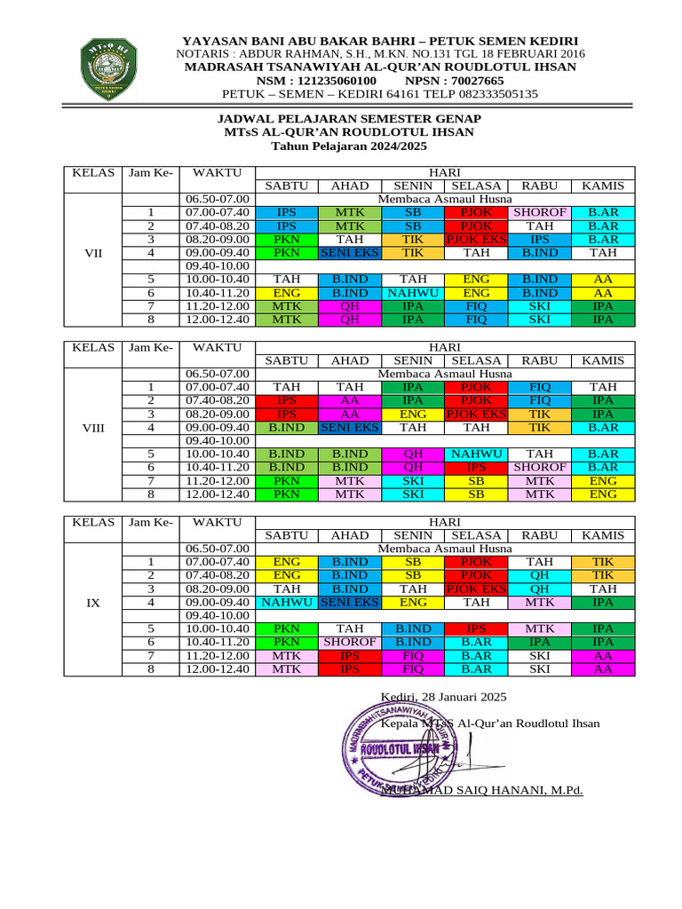 Jadwal Pelajaran Semester Genap 2024-2025 | PDF