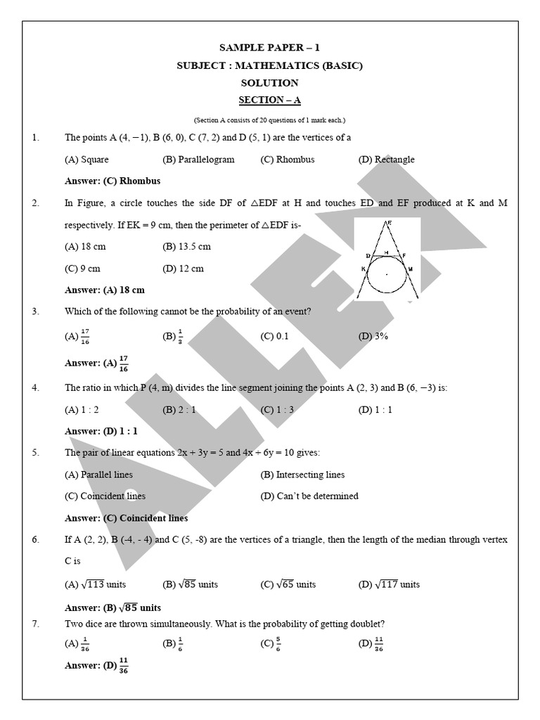 Maths Basic Sample Paper 1 | PDF | Circle | Area