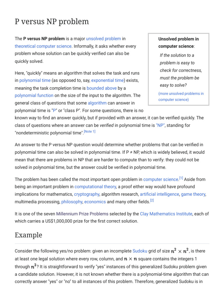 P Versus NP Problem - Wikipedia | PDF | Computational Complexity Theory | Time Complexity