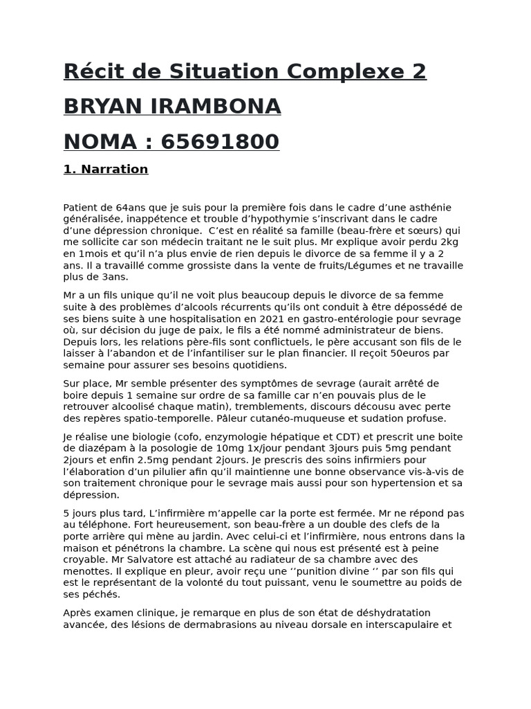Récit de Situation Complexe-2 | PDF | Dépression (psychiatrie) | Sevrage (toxicologie)