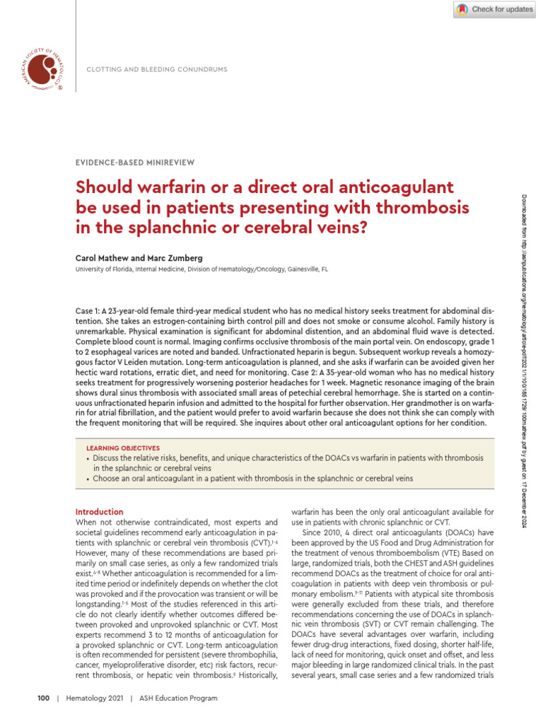 Should War Fa Rin or A Direct Oral Anti Co Ag U Lant Be Used in ...